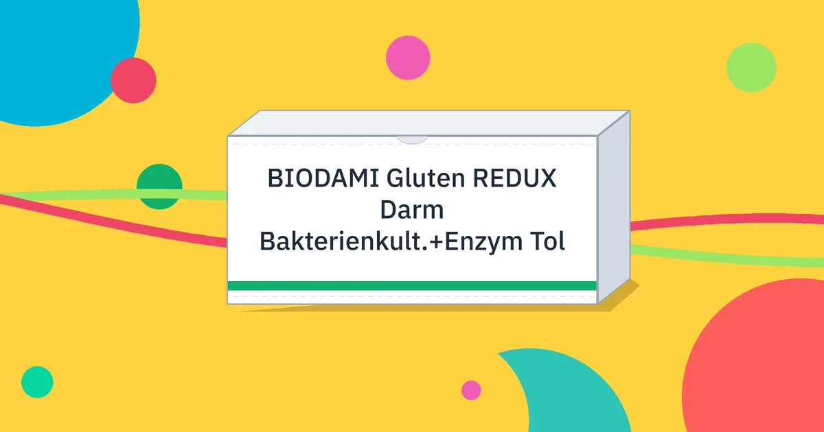 Symbolbild: Packung mit der Aufschrift BIODAMI Gluten REDUX Darm Bakterienkult.+Enzym Tol (PZN 19388515) – Verfügbarkeit und Bezug in Apotheken in Frankfurt am Main