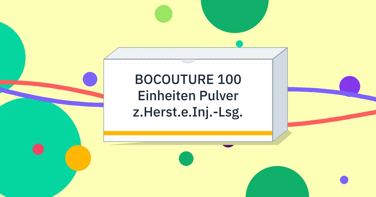 Symbolbild: Packung mit der Aufschrift BOCOUTURE 100 Einheiten Pulver z.Herst.e.Inj.-Lsg. (PZN 20141116) – Verfügbarkeit und Bezug in Apotheken in Frankfurt am Main