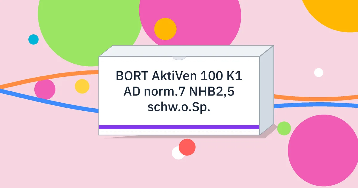 Symbolbild: Packung mit der Aufschrift BORT AktiVen 100 K1 AD norm.7 NHB2,5 schw.o.Sp. (PZN 17502007) – Verfügbarkeit und Bezug in Apotheken in Frankfurt am Main