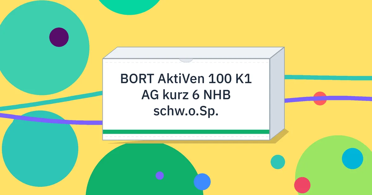 Symbolbild: Packung mit der Aufschrift BORT AktiVen 100 K1 AG kurz 6 NHB schw.o.Sp. (PZN 14387758) – Verfügbarkeit und Bezug in Apotheken in Frankfurt am Main
