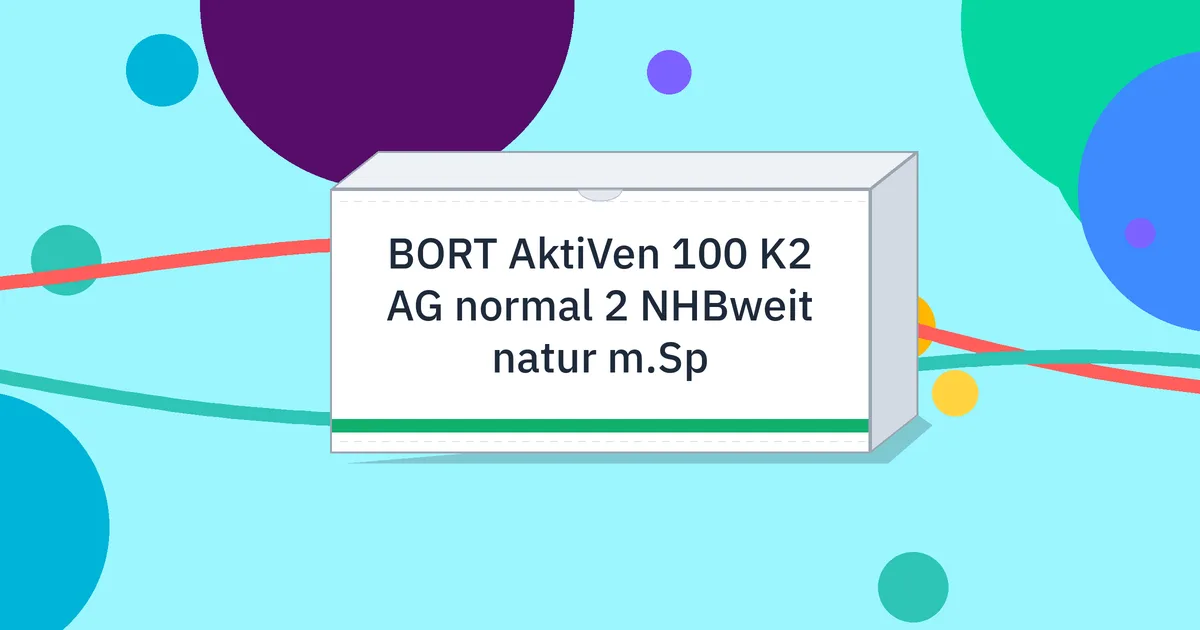 Symbolbild: Packung mit der Aufschrift BORT AktiVen 100 K2 AG normal 2 NHBweit natur m.Sp (PZN 13730467) – Verfügbarkeit und Bezug in Apotheken in Frankfurt am Main