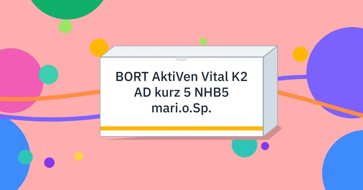 Symbolbild: Packung mit der Aufschrift BORT AktiVen Vital K2 AD kurz 5 NHB5 mari.o.Sp. (PZN 17494590) – Verfügbarkeit und Bezug in Apotheken in Frankfurt am Main
