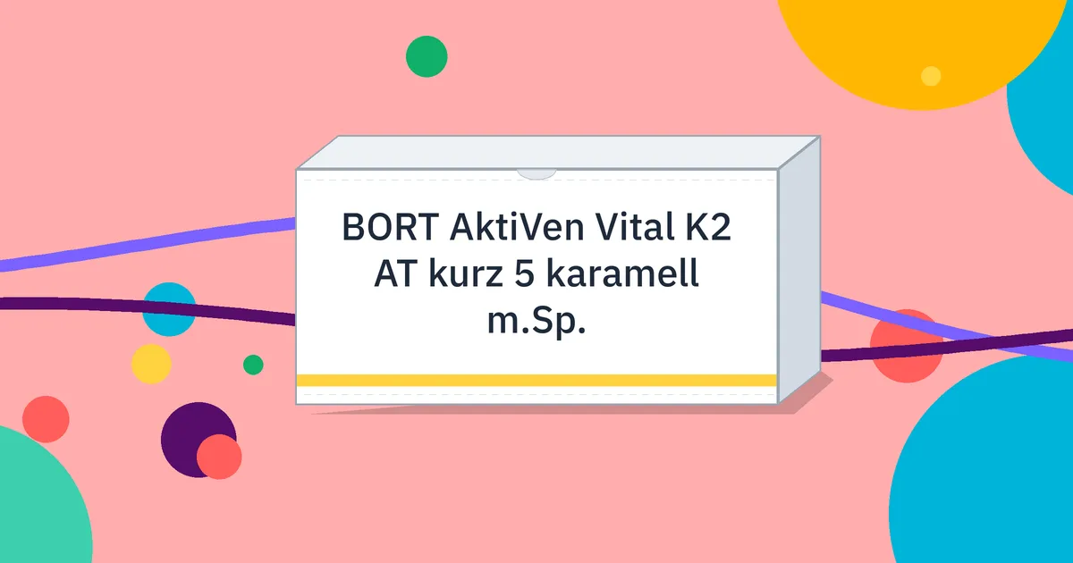 Symbolbild: Packung mit der Aufschrift BORT AktiVen Vital K2 AT kurz 5 karamell m.Sp. (PZN 13737877) – Verfügbarkeit und Bezug in Apotheken in Frankfurt am Main