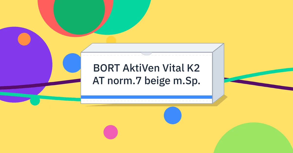 Symbolbild: Packung mit der Aufschrift BORT AktiVen Vital K2 AT norm.7 beige m.Sp. (PZN 13739190) – Verfügbarkeit und Bezug in Apotheken in Frankfurt am Main
