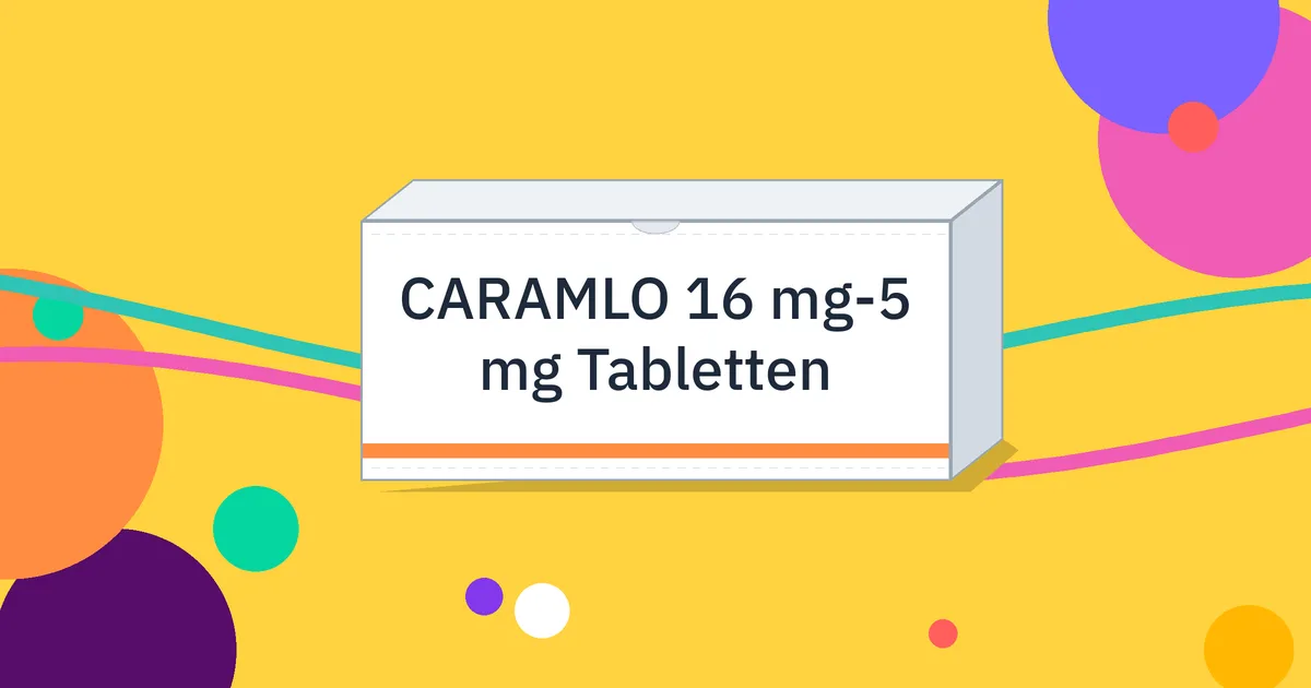 Symbolbild: Packung mit der Aufschrift CARAMLO 16 mg-5 mg Tabletten (PZN 18822352) – Verfügbarkeit und Bezug in Apotheken in Frankfurt am Main