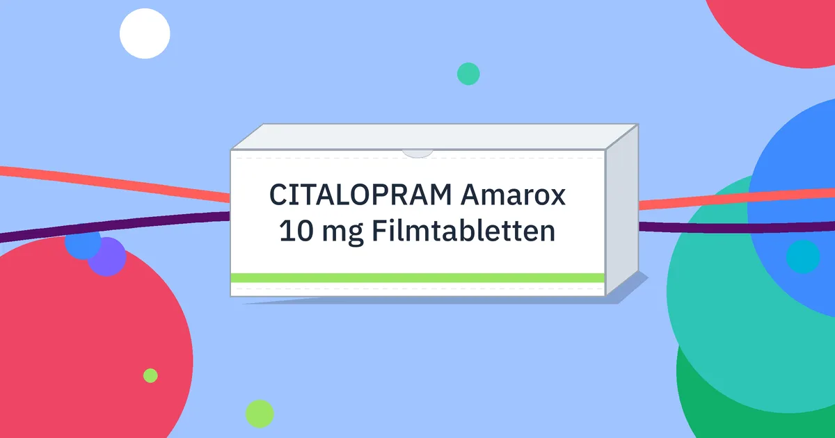 Symbolbild: Packung mit der Aufschrift CITALOPRAM Amarox 10 mg Filmtabletten (PZN 17907448) – Verfügbarkeit und Bezug in Apotheken in Frankfurt am Main