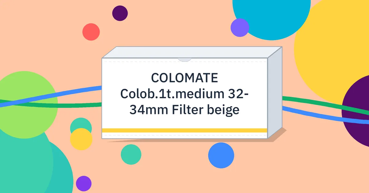 Symbolbild: Packung mit der Aufschrift COLOMATE Colob.1t.medium 32-34mm Filter beige (PZN 03740393) – Verfügbarkeit und Bezug in Apotheken in Frankfurt am Main