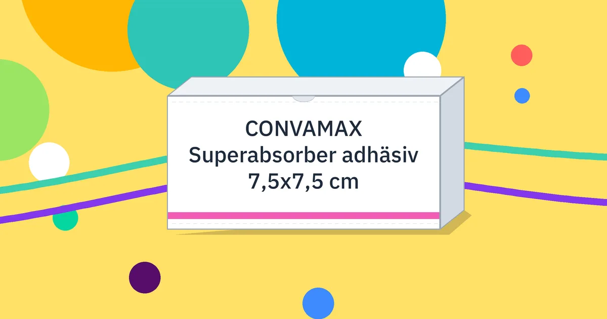 Symbolbild: Packung mit der Aufschrift CONVAMAX Superabsorber adhäsiv 7,5x7,5 cm (PZN 16733791) – Verfügbarkeit und Bezug in Apotheken in Frankfurt am Main