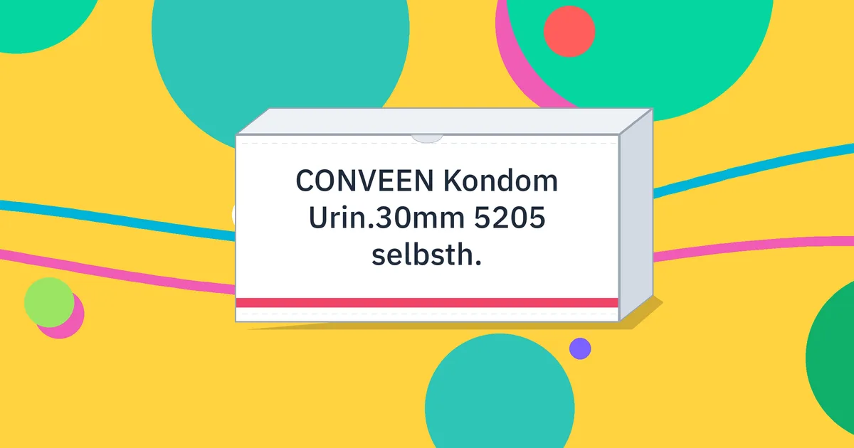 Symbolbild: Packung mit der Aufschrift CONVEEN Kondom Urin.30mm 5205 selbsth. (PZN 03520390) – Verfügbarkeit und Bezug in Apotheken in Frankfurt am Main