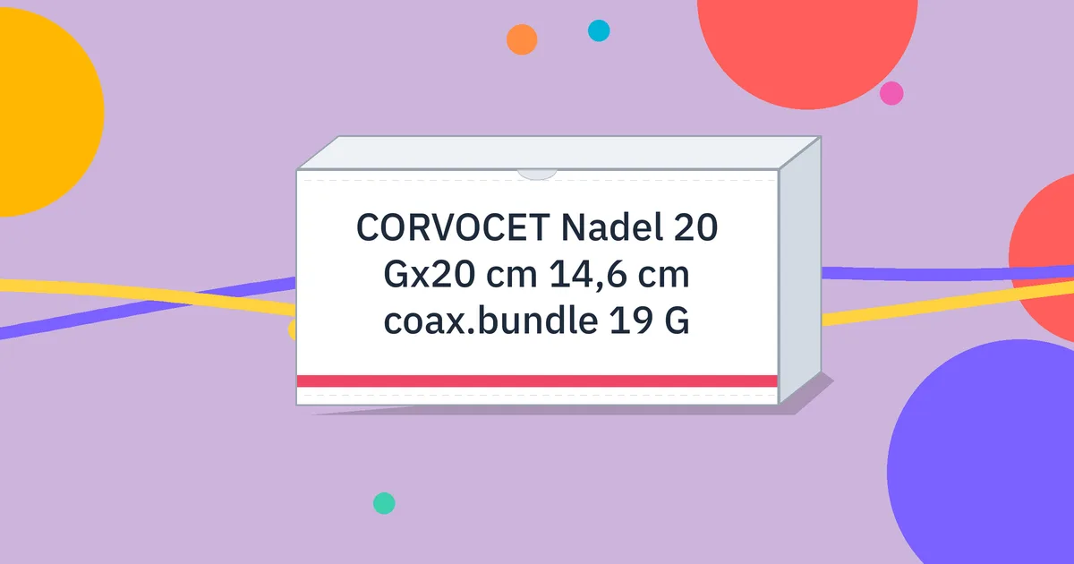 Symbolbild: Packung mit der Aufschrift CORVOCET Nadel 20 Gx20 cm 14,6 cm coax.bundle 19 G (PZN 18764206) – Verfügbarkeit und Bezug in Apotheken in Frankfurt am Main