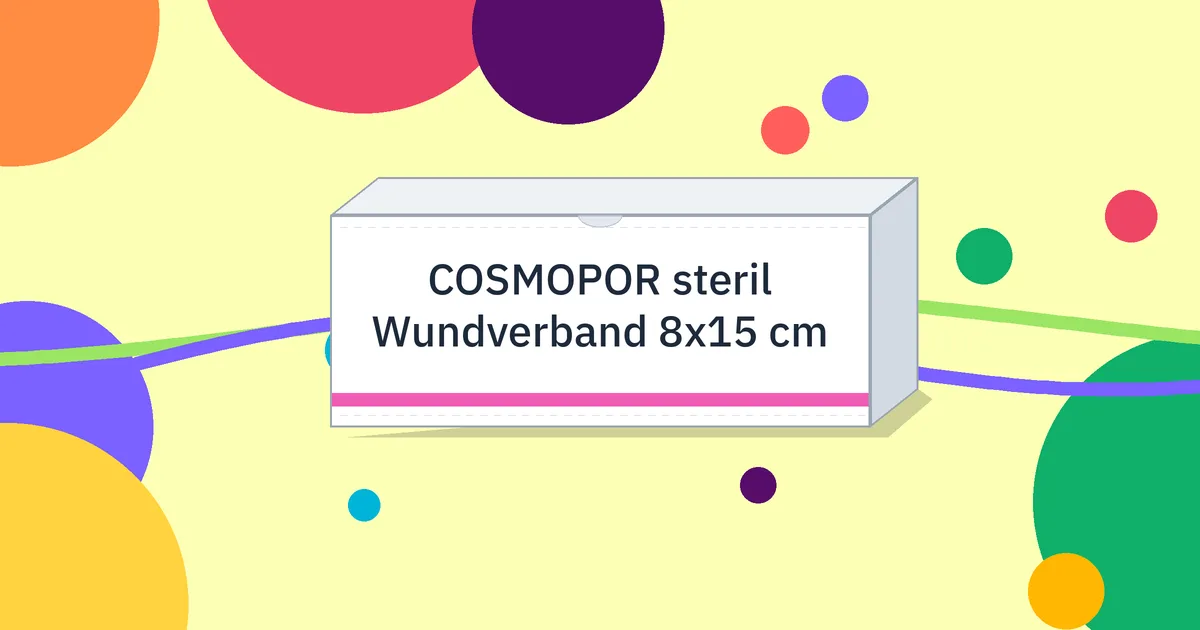 Symbolbild: Packung mit der Aufschrift COSMOPOR steril Wundverband 8x15 cm (PZN 12476073) – Verfügbarkeit und Bezug in Apotheken in Frankfurt am Main