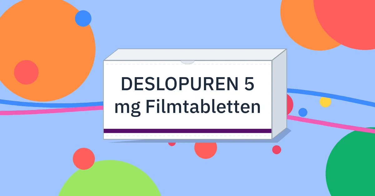 Symbolbild: Packung mit der Aufschrift DESLOPUREN 5 mg Filmtabletten (PZN 16861767) – Verfügbarkeit und Bezug in Apotheken in Frankfurt am Main