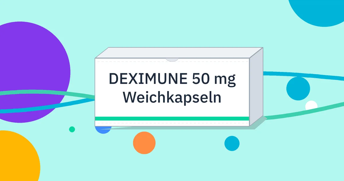 Symbolbild: Packung mit der Aufschrift DEXIMUNE 50 mg Weichkapseln (PZN 06056361) – Verfügbarkeit und Bezug in Apotheken in Frankfurt am Main