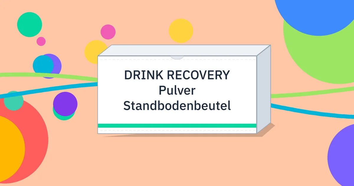 Symbolbild: Packung mit der Aufschrift DRINK RECOVERY Pulver Standbodenbeutel (PZN 17979502) – Verfügbarkeit und Bezug in Apotheken in Frankfurt am Main