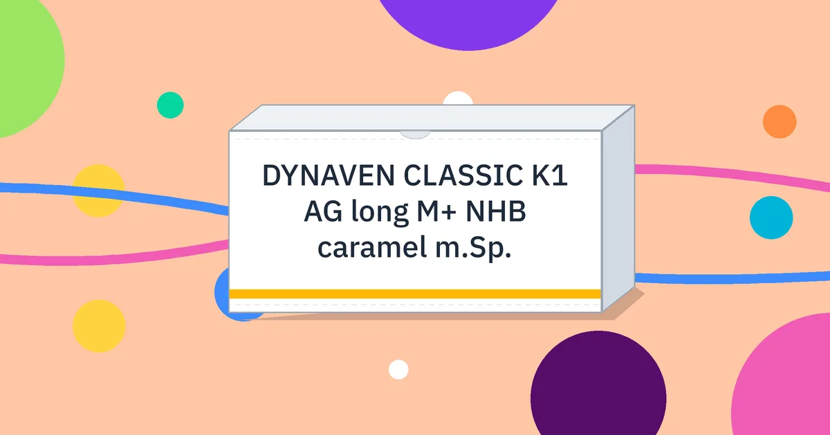 Symbolbild: Packung mit der Aufschrift DYNAVEN CLASSIC K1 AG long M+ NHB caramel m.Sp. (PZN 18415859) – Verfügbarkeit und Bezug in Apotheken in Frankfurt am Main