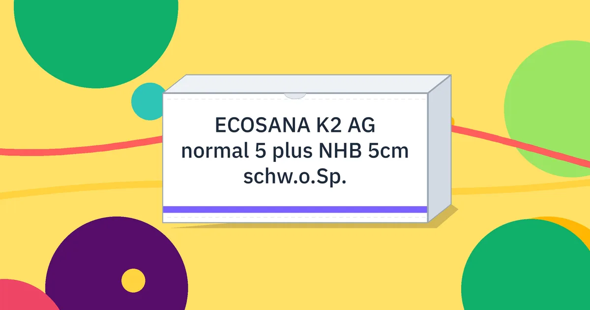 Symbolbild: Packung mit der Aufschrift ECOSANA K2 AG normal 5 plus NHB 5cm schw.o.Sp. (PZN 01462151) – Verfügbarkeit und Bezug in Apotheken in Frankfurt am Main