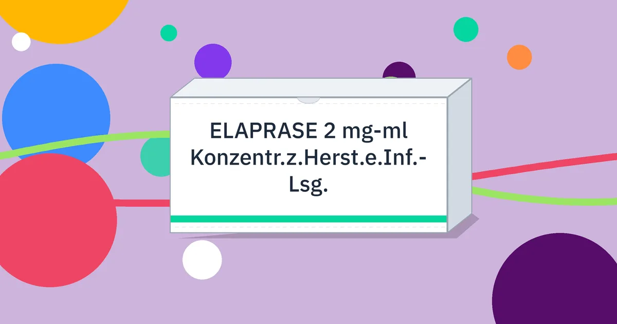 Symbolbild: Packung mit der Aufschrift ELAPRASE 2 mg-ml Konzentr.z.Herst.e.Inf.-Lsg. (PZN 16941348) – Verfügbarkeit und Bezug in Apotheken in Frankfurt am Main