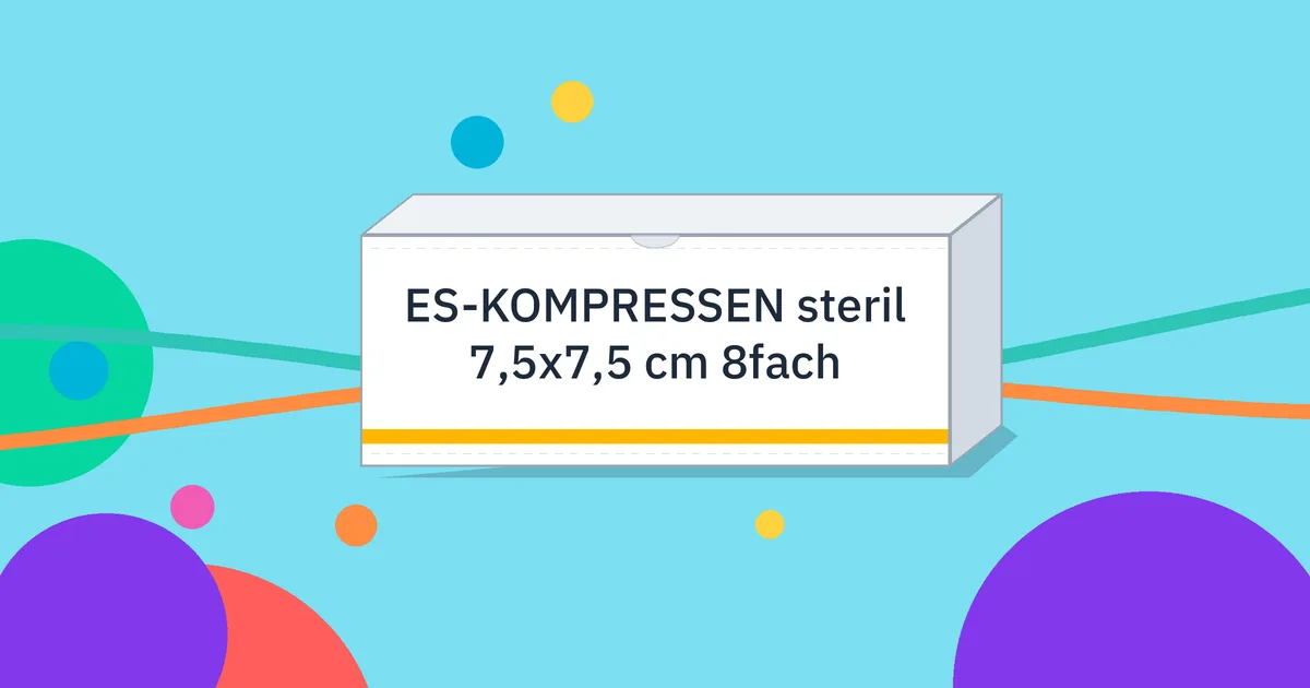 Symbolbild: Packung mit der Aufschrift ES-KOMPRESSEN steril 7,5x7,5 cm 8fach (PZN 19700510) – Verfügbarkeit und Bezug in Apotheken in Frankfurt am Main