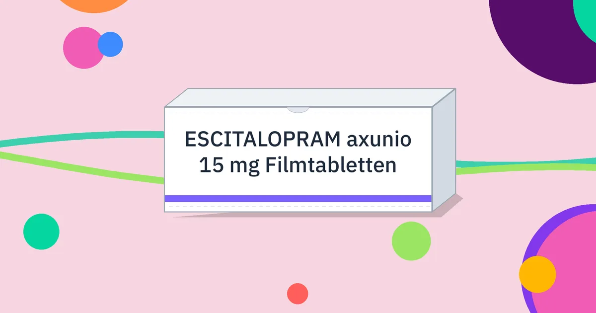 Symbolbild: Packung mit der Aufschrift ESCITALOPRAM axunio 15 mg Filmtabletten (PZN 18044328) – Verfügbarkeit und Bezug in Apotheken in Frankfurt am Main