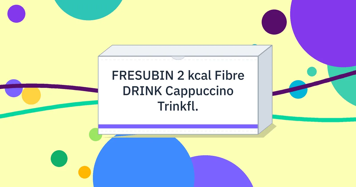 Symbolbild: Packung mit der Aufschrift FRESUBIN 2 kcal Fibre DRINK Cappuccino Trinkfl. (PZN 20191284) – Verfügbarkeit und Bezug in Apotheken in Frankfurt am Main