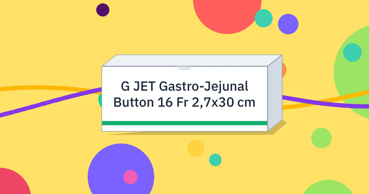Symbolbild: Packung mit der Aufschrift G JET Gastro-Jejunal Button 16 Fr 2,7x30 cm (PZN 14343198) – Verfügbarkeit und Bezug in Apotheken in Frankfurt am Main