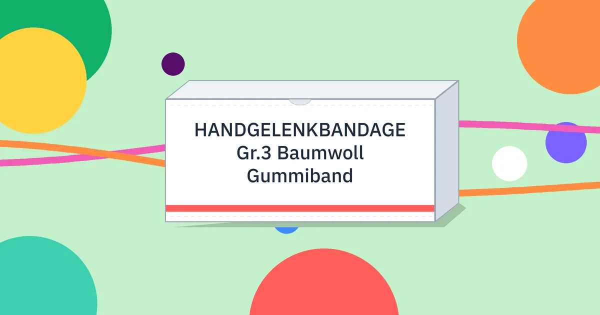 Symbolbild: Packung mit der Aufschrift HANDGELENKBANDAGE Gr.3 Baumwoll Gummiband (PZN 04755652) – Verfügbarkeit und Bezug in Apotheken in Frankfurt am Main