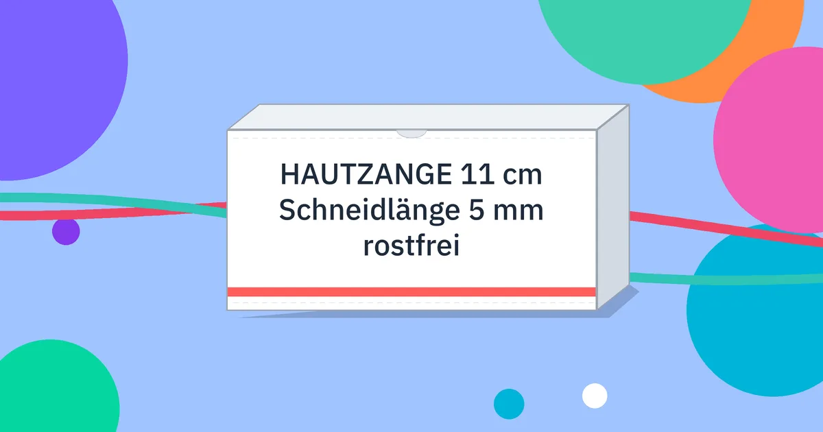 Symbolbild: Packung mit der Aufschrift HAUTZANGE 11 cm Schneidlänge 5 mm rostfrei (PZN 17288011) – Verfügbarkeit und Bezug in Apotheken in Frankfurt am Main