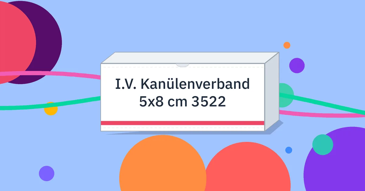 Symbolbild: Packung mit der Aufschrift I.V. Kanülenverband 5x8 cm 3522 (PZN 20368096) – Verfügbarkeit und Bezug in Apotheken in Frankfurt am Main