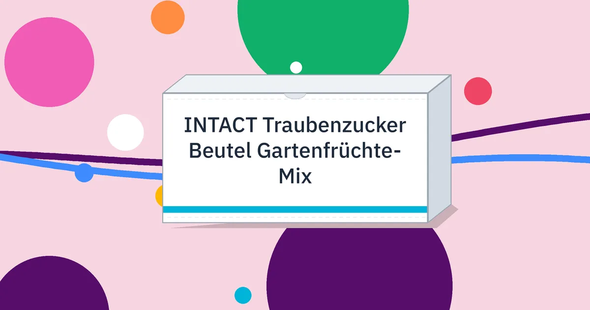 Symbolbild: Packung mit der Aufschrift INTACT Traubenzucker Beutel Gartenfrüchte-Mix (PZN 18720640) – Verfügbarkeit und Bezug in Apotheken in Frankfurt am Main