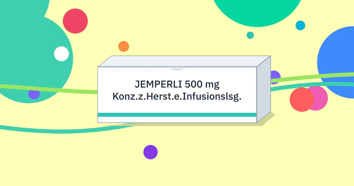Symbolbild: Packung mit der Aufschrift JEMPERLI 500 mg Konz.z.Herst.e.Infusionslsg. (PZN 16902236) – Verfügbarkeit und Bezug in Apotheken in Frankfurt am Main