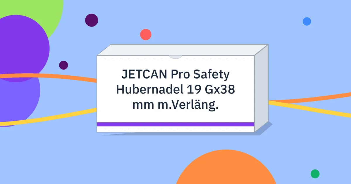 Symbolbild: Packung mit der Aufschrift JETCAN Pro Safety Hubernadel 19 Gx38 mm m.Verläng. (PZN 19728425) – Verfügbarkeit und Bezug in Apotheken in Frankfurt am Main