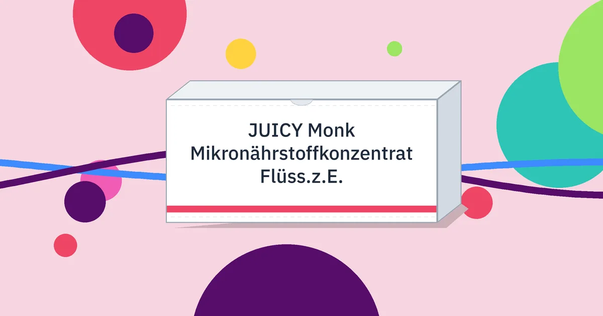 Symbolbild: Packung mit der Aufschrift JUICY Monk Mikronährstoffkonzentrat Flüss.z.E. (PZN 19438288) – Verfügbarkeit und Bezug in Apotheken in Frankfurt am Main