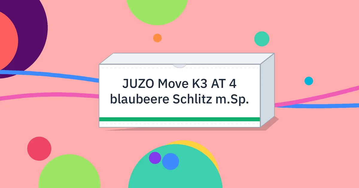 Symbolbild: Packung mit der Aufschrift JUZO Move K3 AT 4 blaubeere Schlitz m.Sp. (PZN 20678017) – Verfügbarkeit und Bezug in Apotheken in Frankfurt am Main