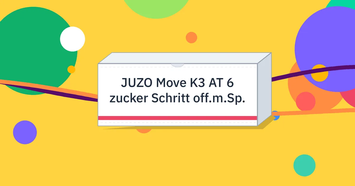 Symbolbild: Packung mit der Aufschrift JUZO Move K3 AT 6 zucker Schritt off.m.Sp. (PZN 20677265) – Verfügbarkeit und Bezug in Apotheken in Frankfurt am Main