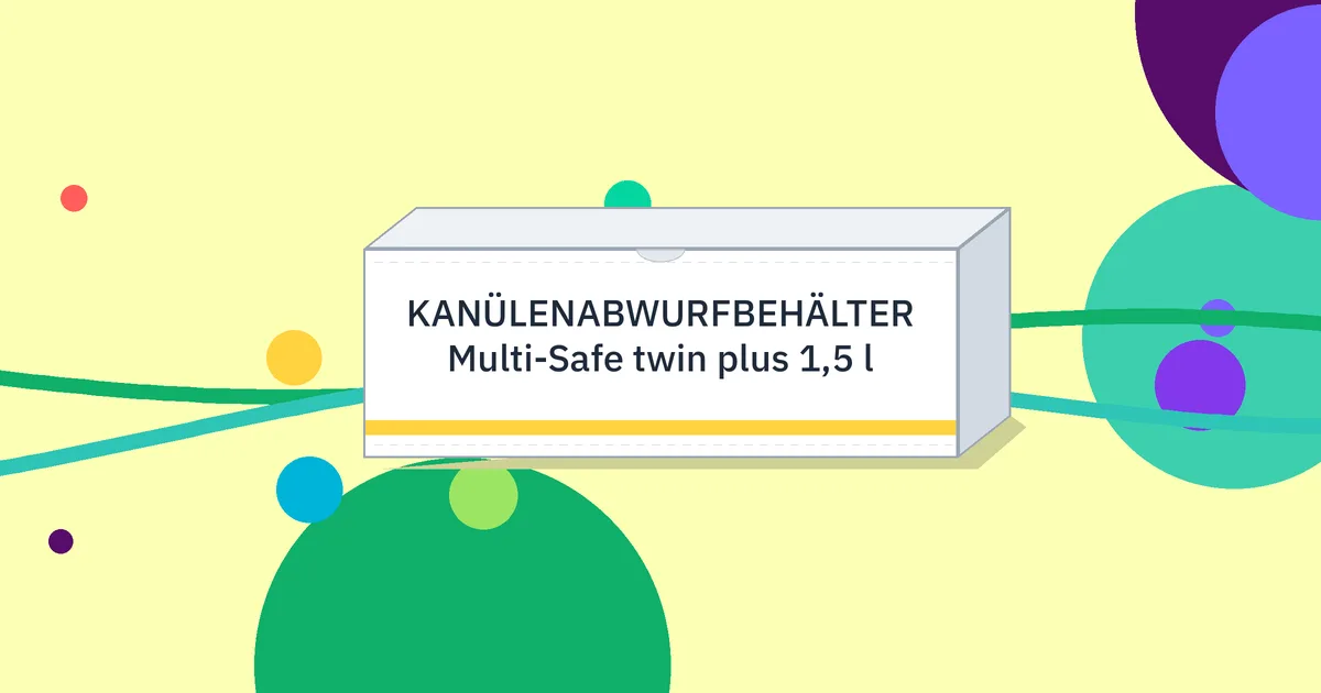 Symbolbild: Packung mit der Aufschrift KANÜLENABWURFBEHÄLTER Multi-Safe twin plus 1,5 l (PZN 18197121) – Verfügbarkeit und Bezug in Apotheken in Frankfurt am Main