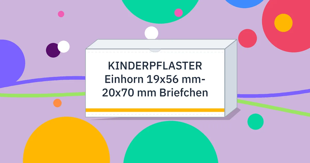 Symbolbild: Packung mit der Aufschrift KINDERPFLASTER Einhorn 19x56 mm-20x70 mm Briefchen (PZN 19405194) – Verfügbarkeit und Bezug in Apotheken in Frankfurt am Main