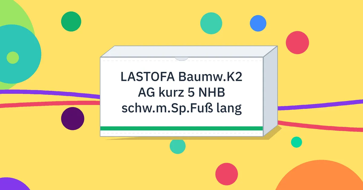 Symbolbild: Packung mit der Aufschrift LASTOFA Baumw.K2 AG kurz 5 NHB schw.m.Sp.Fuß lang (PZN 01947925) – Verfügbarkeit und Bezug in Apotheken in Frankfurt am Main