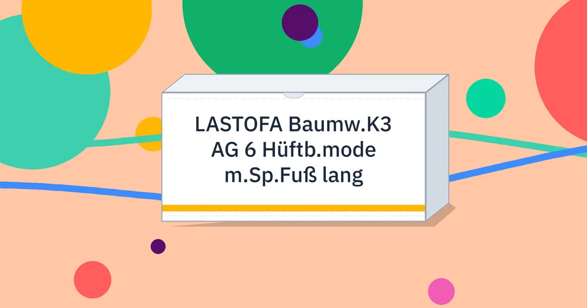 Symbolbild: Packung mit der Aufschrift LASTOFA Baumw.K3 AG 6 Hüftb.mode m.Sp.Fuß lang (PZN 01956373) – Verfügbarkeit und Bezug in Apotheken in Frankfurt am Main