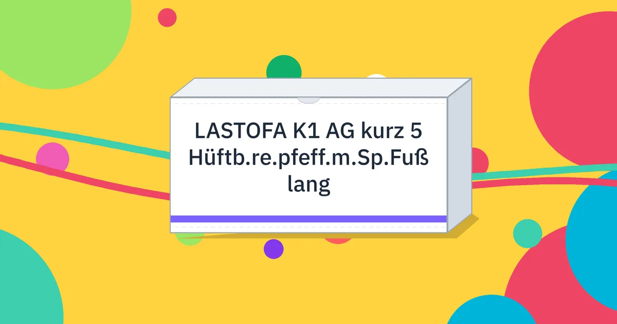 Symbolbild: Packung mit der Aufschrift LASTOFA K1 AG kurz 5 Hüftb.re.pfeff.m.Sp.Fuß lang (PZN 13798979) – Verfügbarkeit und Bezug in Apotheken in Frankfurt am Main