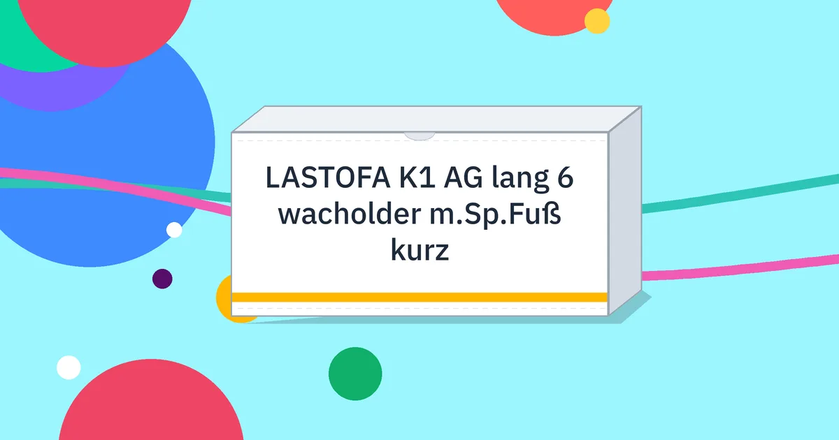 Symbolbild: Packung mit der Aufschrift LASTOFA K1 AG lang 6 wacholder m.Sp.Fuß kurz (PZN 13794289) – Verfügbarkeit und Bezug in Apotheken in Frankfurt am Main