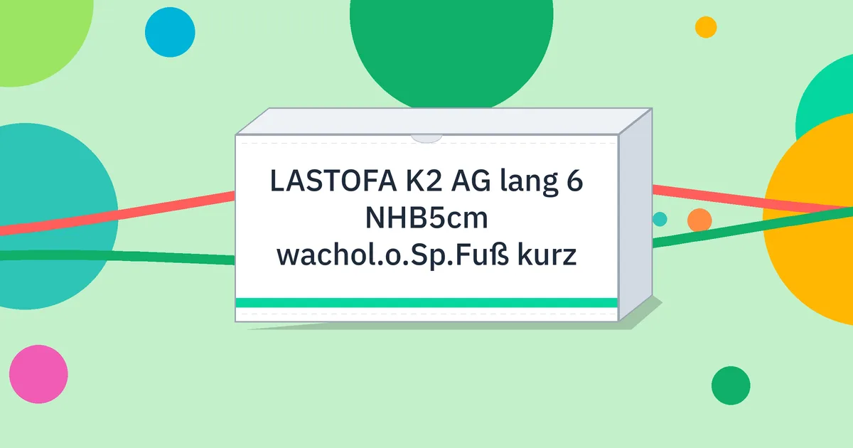Symbolbild: Packung mit der Aufschrift LASTOFA K2 AG lang 6 NHB5cm wachol.o.Sp.Fuß kurz (PZN 13807589) – Verfügbarkeit und Bezug in Apotheken in Frankfurt am Main
