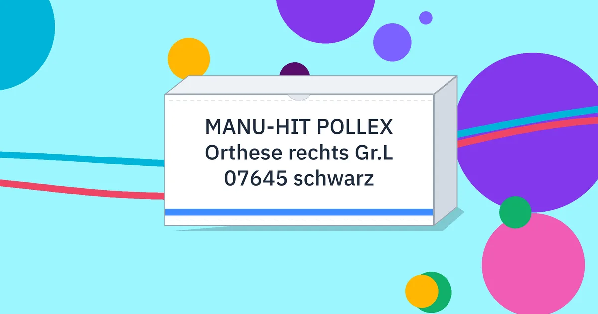 Symbolbild: Packung mit der Aufschrift MANU-HIT POLLEX Orthese rechts Gr.L 07645 schwarz (PZN 03259939) – Verfügbarkeit und Bezug in Apotheken in Frankfurt am Main