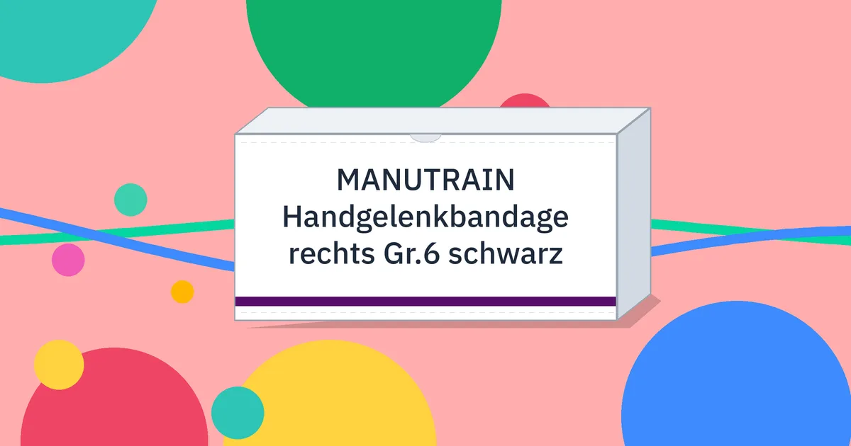 Symbolbild: Packung mit der Aufschrift MANUTRAIN Handgelenkbandage rechts Gr.6 schwarz (PZN 07552346) – Verfügbarkeit und Bezug in Apotheken in Frankfurt am Main