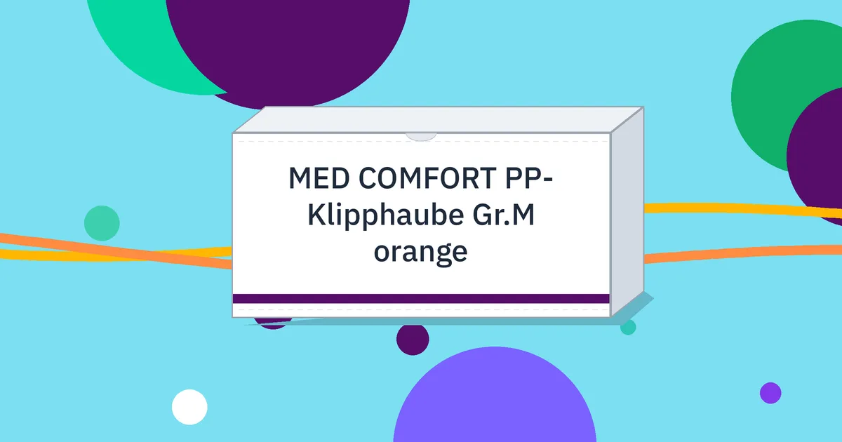 Symbolbild: Packung mit der Aufschrift MED COMFORT PP-Klipphaube Gr.M orange (PZN 12435499) – Verfügbarkeit und Bezug in Apotheken in Frankfurt am Main