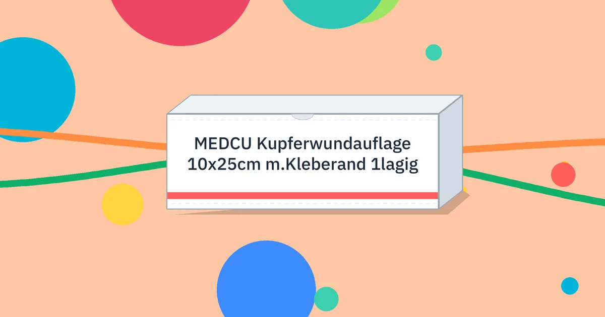 Symbolbild: Packung mit der Aufschrift MEDCU Kupferwundauflage 10x25cm m.Kleberand 1lagig (PZN 20893974) – Verfügbarkeit und Bezug in Apotheken in Frankfurt am Main