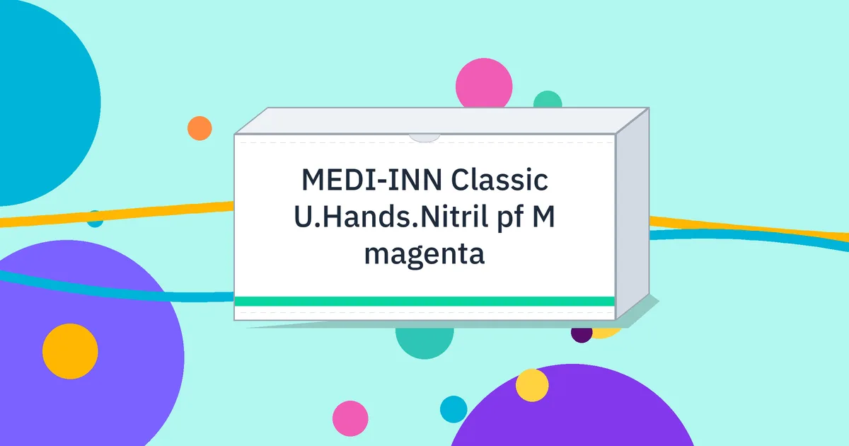 Symbolbild: Packung mit der Aufschrift MEDI-INN Classic U.Hands.Nitril pf M magenta (PZN 18445004) – Verfügbarkeit und Bezug in Apotheken in Frankfurt am Main