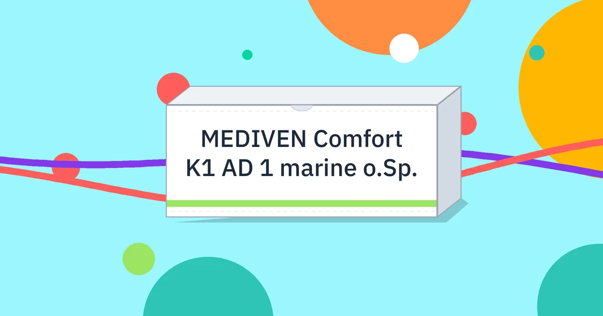 Symbolbild: Packung mit der Aufschrift MEDIVEN Comfort K1 AD 1 marine o.Sp. (PZN 14559573) – Verfügbarkeit und Bezug in Apotheken in Frankfurt am Main