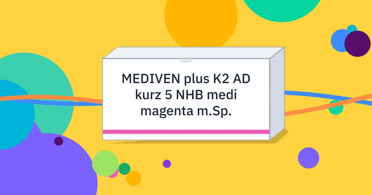 Symbolbild: Packung mit der Aufschrift MEDIVEN plus K2 AD kurz 5 NHB medi magenta m.Sp. (PZN 15925407) – Verfügbarkeit und Bezug in Apotheken in Frankfurt am Main