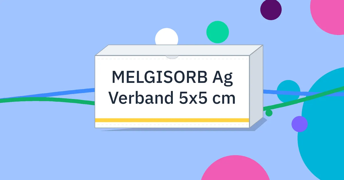 Symbolbild: Packung mit der Aufschrift MELGISORB Ag Verband 5x5 cm (PZN 05868157) – Verfügbarkeit und Bezug in Apotheken in Frankfurt am Main