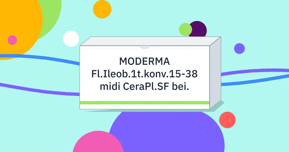 Symbolbild: Packung mit der Aufschrift MODERMA Fl.Ileob.1t.konv.15-38 midi CeraPl.SF bei. (PZN 18109186) – Verfügbarkeit und Bezug in Apotheken in Frankfurt am Main